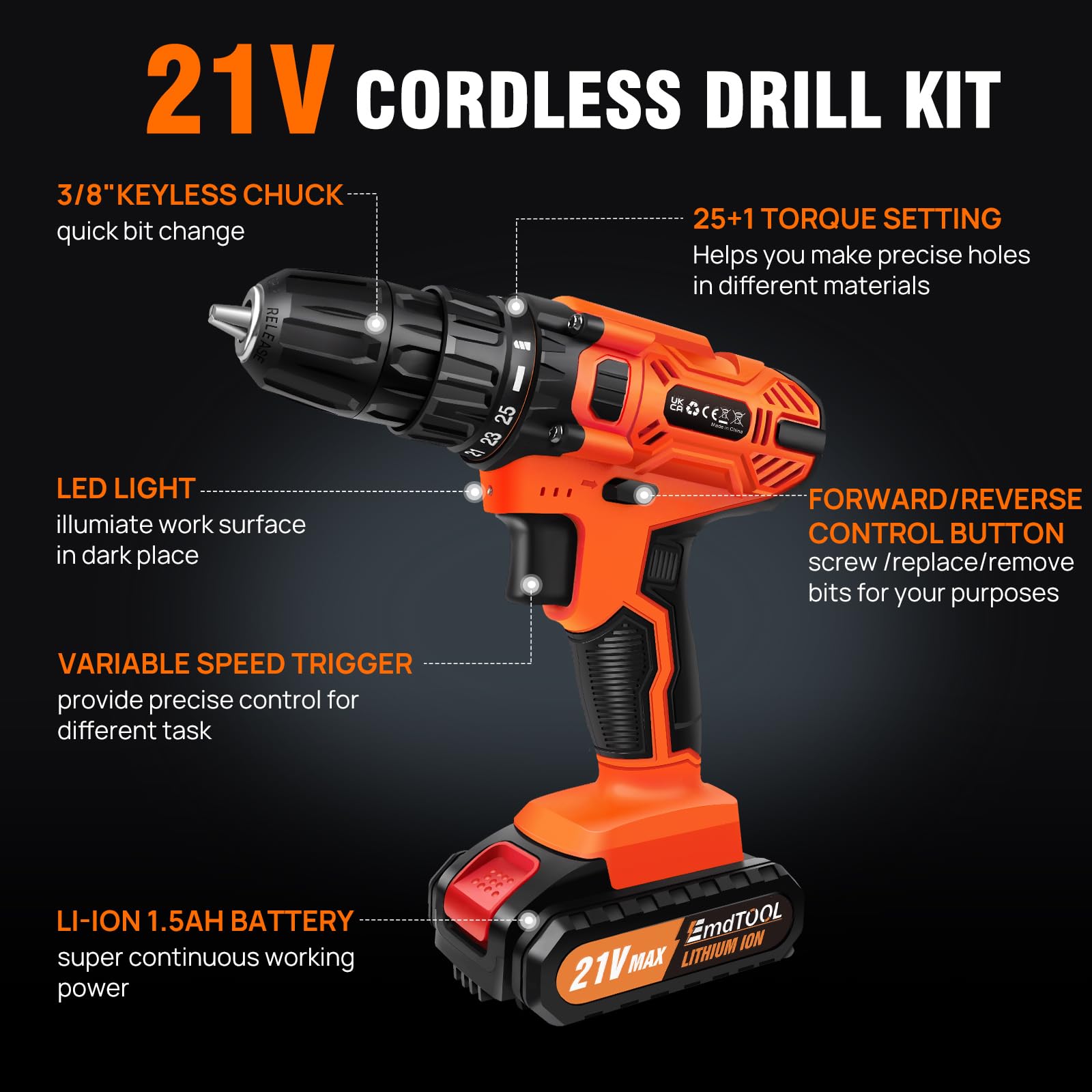 21V Cordless Drill, Electric Power Drill Set with Battery & Charger, 3/8” Keyless Chuck, 2 Variable Speeds, 398 In-lb Torque and 25+1 Position and 29pcs Drill/Driver Bits & LED Electric Drill Set