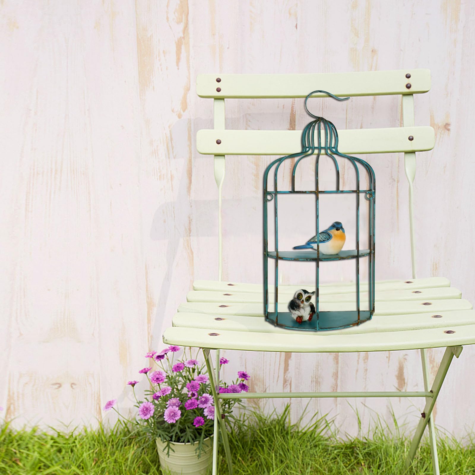 Veclotch Metal Birdcage Hanging Shelf for Wall,Decorative Wall Display Shelves 2 Tiers Distressed Rustic Bird Cage Floating Shelf Indoor Outdoor Decoration, Teal