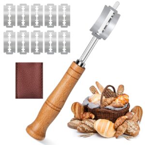 rongyman bread lame with 10 pieces replaceable blades, stainless steel bread lame knife with wooden handle, sourdough scoring tool with leather protective cover for bread baking