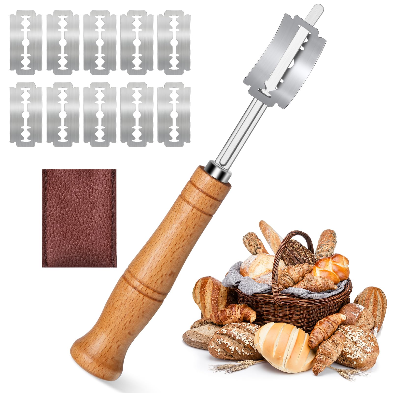 Rongyman Bread Lame with 10 Pieces Replaceable Blades, Stainless Steel Bread Lame Knife with Wooden Handle, Sourdough Scoring Tool with Leather Protective Cover for Bread Baking