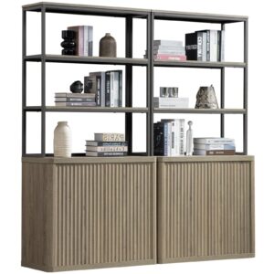 sicotas book shelf fluted bookshelf tall bookcase with doors storage 5 tier mid century modern bookshelves large shelves wood & metal book cases for living room office bedroom kitchen library (2pcs)