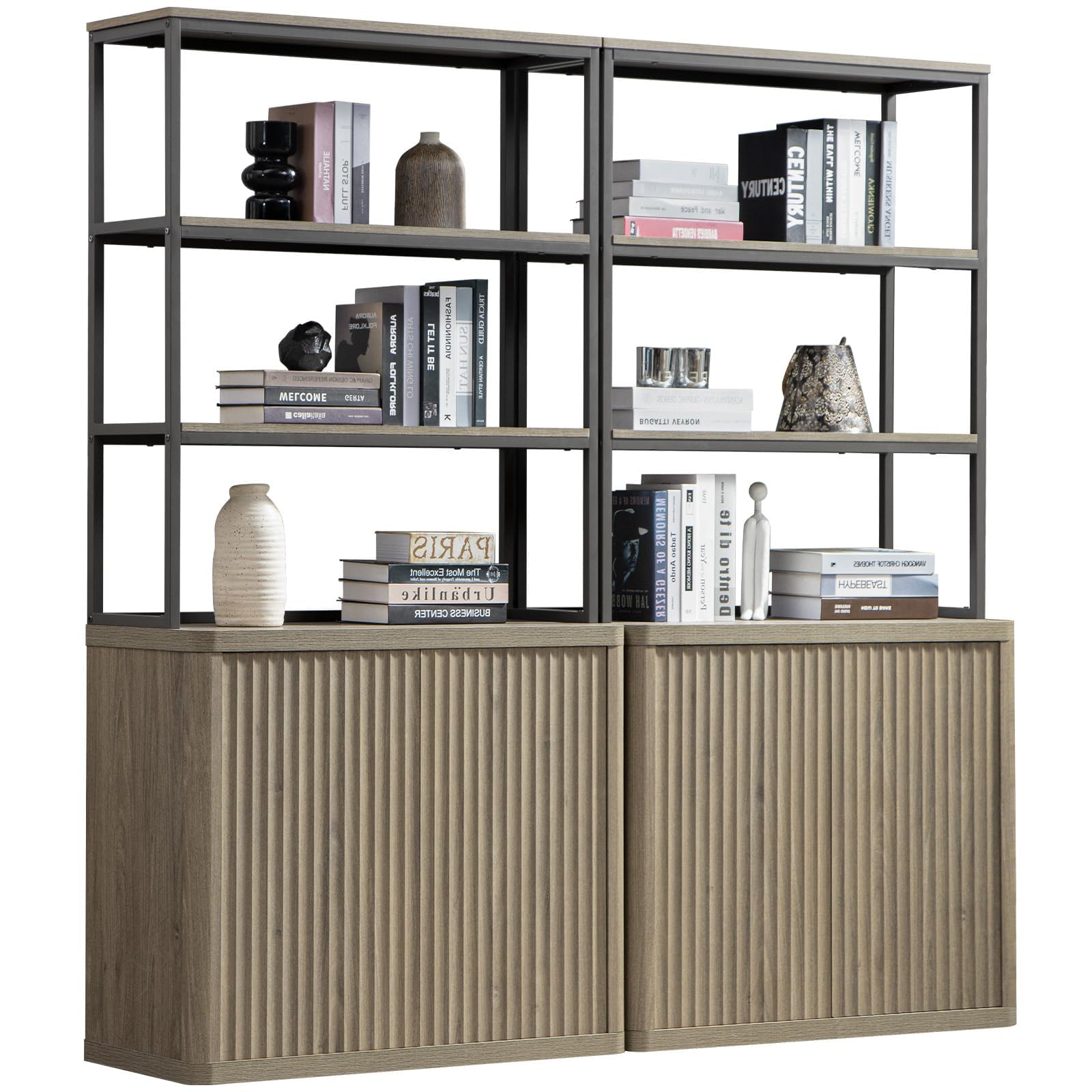 SICOTAS Book Shelf Fluted Bookshelf Tall Bookcase with Doors Storage 5 Tier Mid Century Modern Bookshelves Large Shelves Wood & Metal Book Cases for Living Room Office Bedroom Kitchen Library (2PCS)