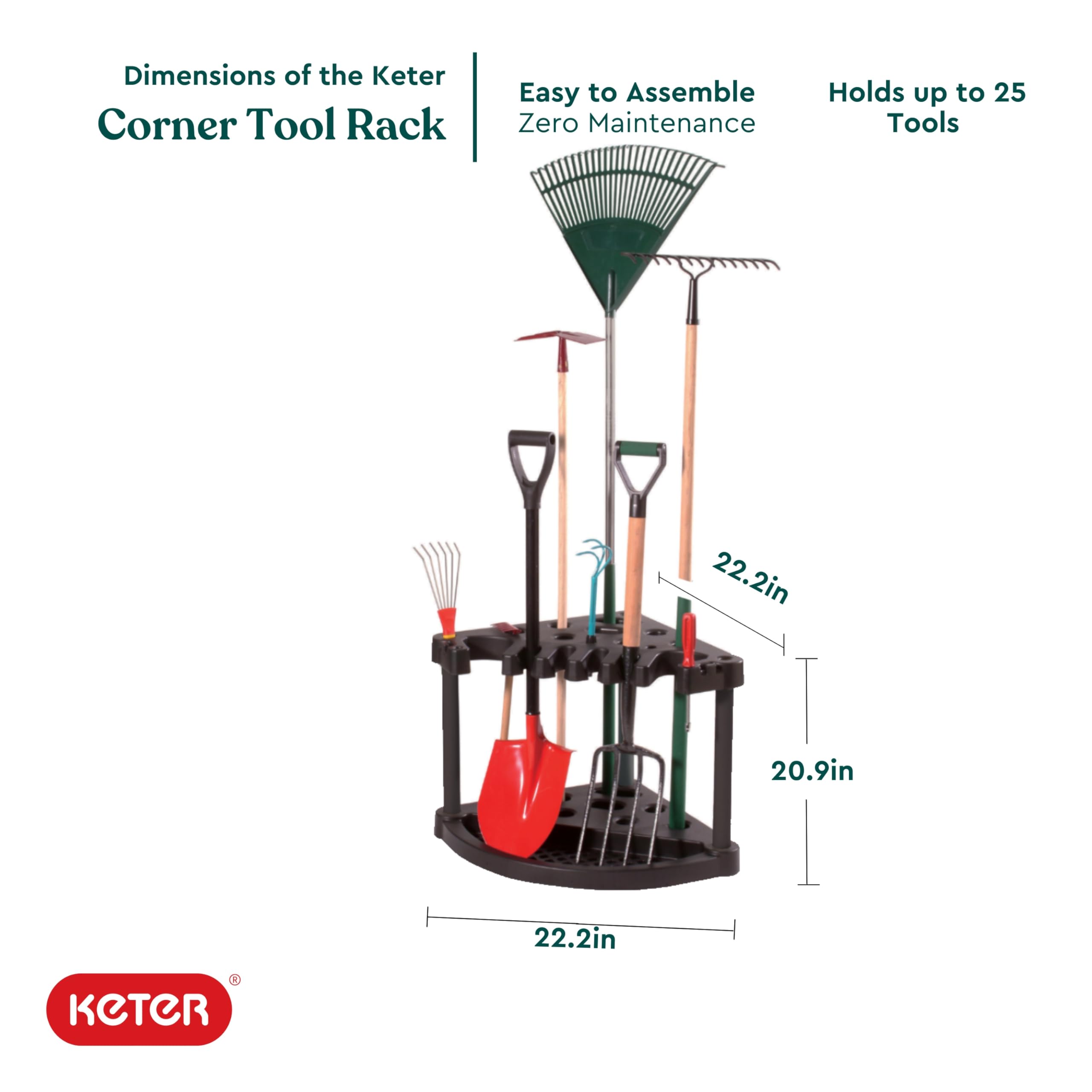 Keter Compact Corner Tool Rack for Maximum Storage and Organization - Easy to Assemble and Organize 25 Long-Handled Garden Tools, Rakes, Brooms, Shovels and Accessories