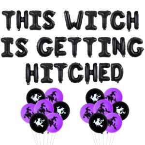 wonmelody this witch is getting hitched banner wizard bachelorette party decorations halloween bachelorette decor with black purple wizard print balloons for halloween weeding bridal shower