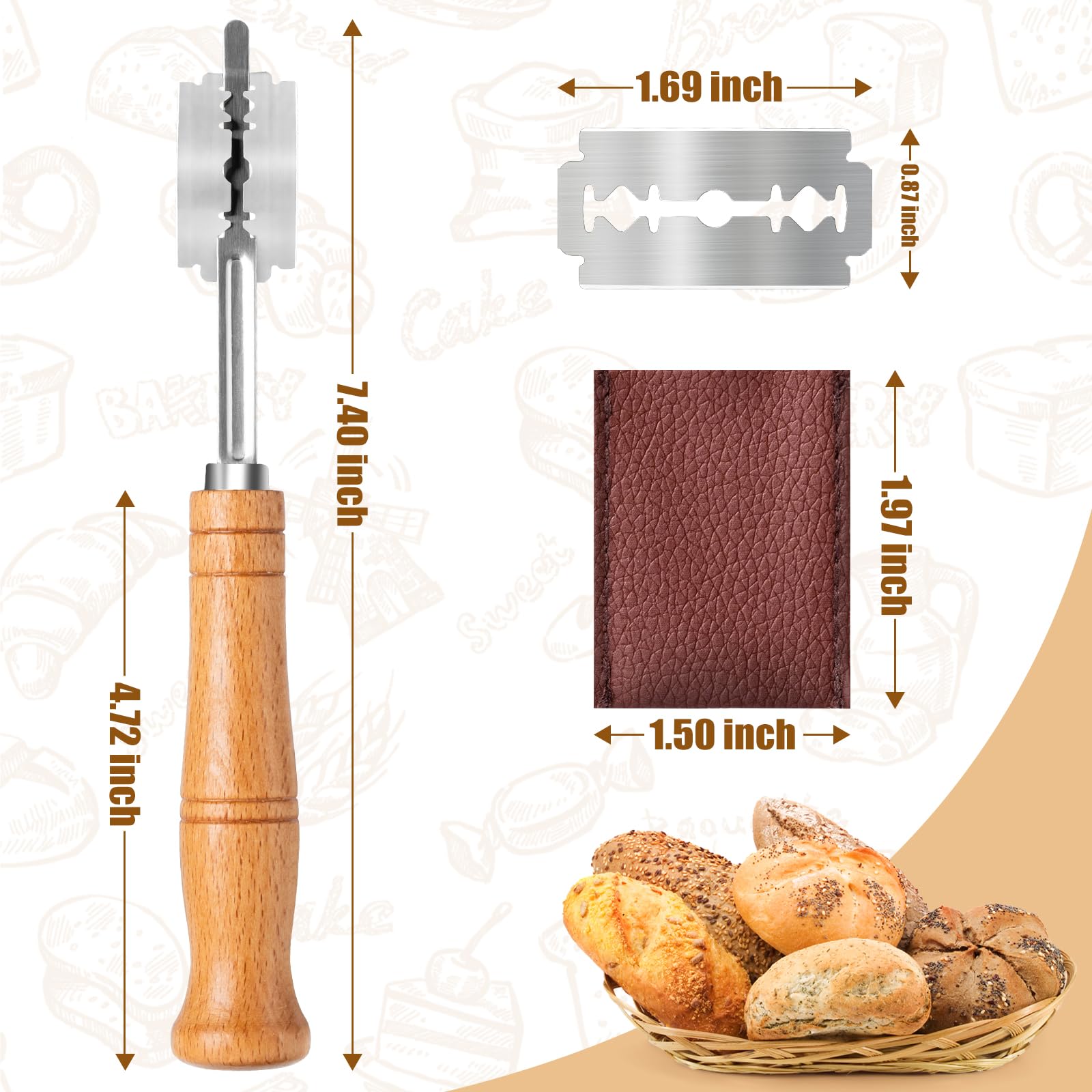 Rongyman Bread Lame with 10 Pieces Replaceable Blades, Stainless Steel Bread Lame Knife with Wooden Handle, Sourdough Scoring Tool with Leather Protective Cover for Bread Baking