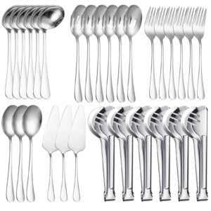 30 pcs stainless steel metal serving utensils set with slotted serving spoons, serving forks, serving tongs, ladles and pie servers for catering/buffet/chafing dish (silver)