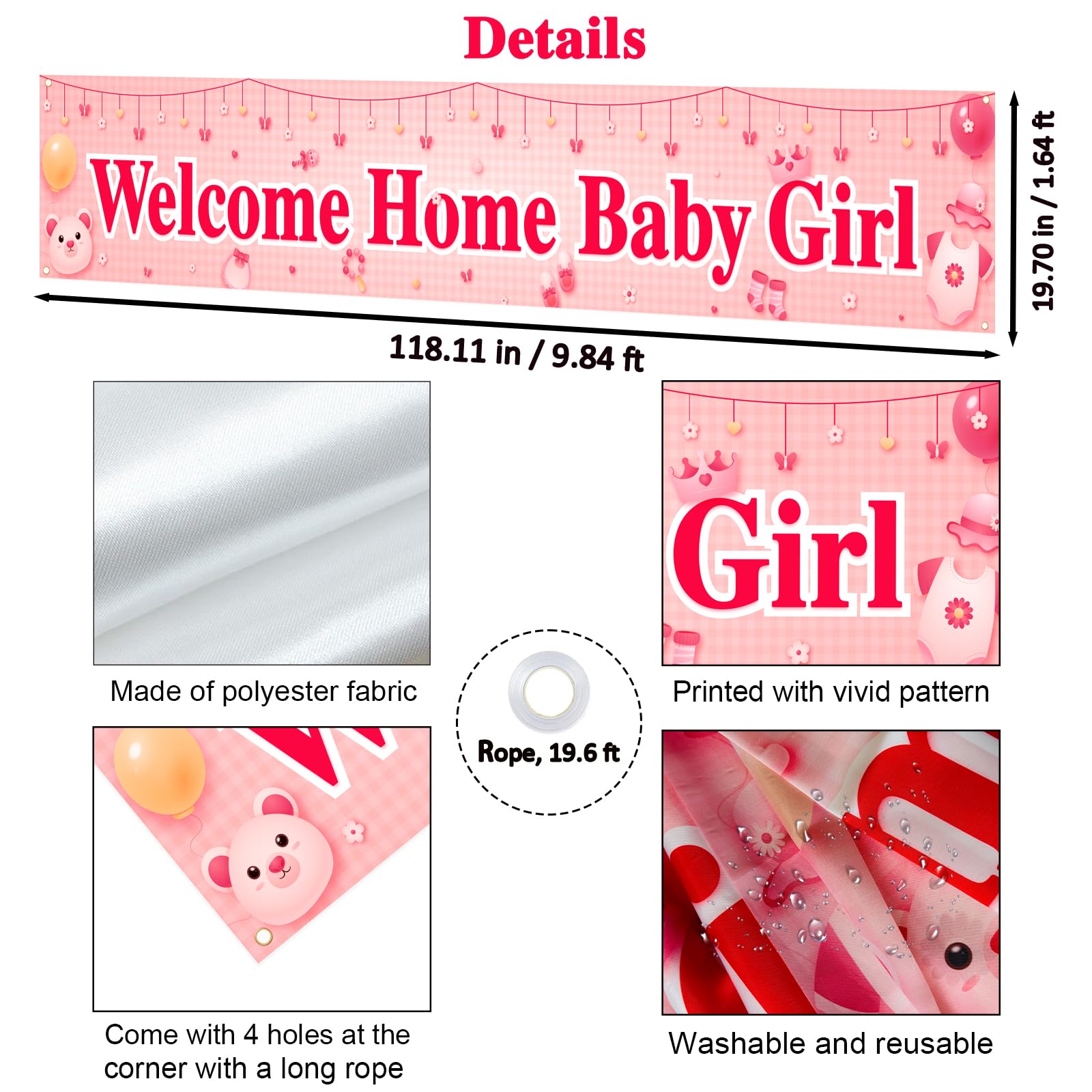 Labakita Welcome Home Baby Girl Yard Banner, Large It’s a Girl Baby Shower Banner, Pink Baby Shower Decorations for Girl, Gender Reveal Baby Shower Inside Outside Decoration