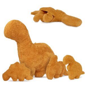 niurewan 4 pcs dino nugget pillow set,large chicken nugget plush with 3 small dinosaur plush toys,dino stuffed animal for birthday gift party favors