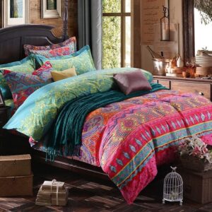 cottonlife boho queen duvet cover soft cotton 3 pieces boho bedding sets queen boho exotic colorful chic style teal orange bohemian retro print duvet cover queen, with zipper closure (no comforter)