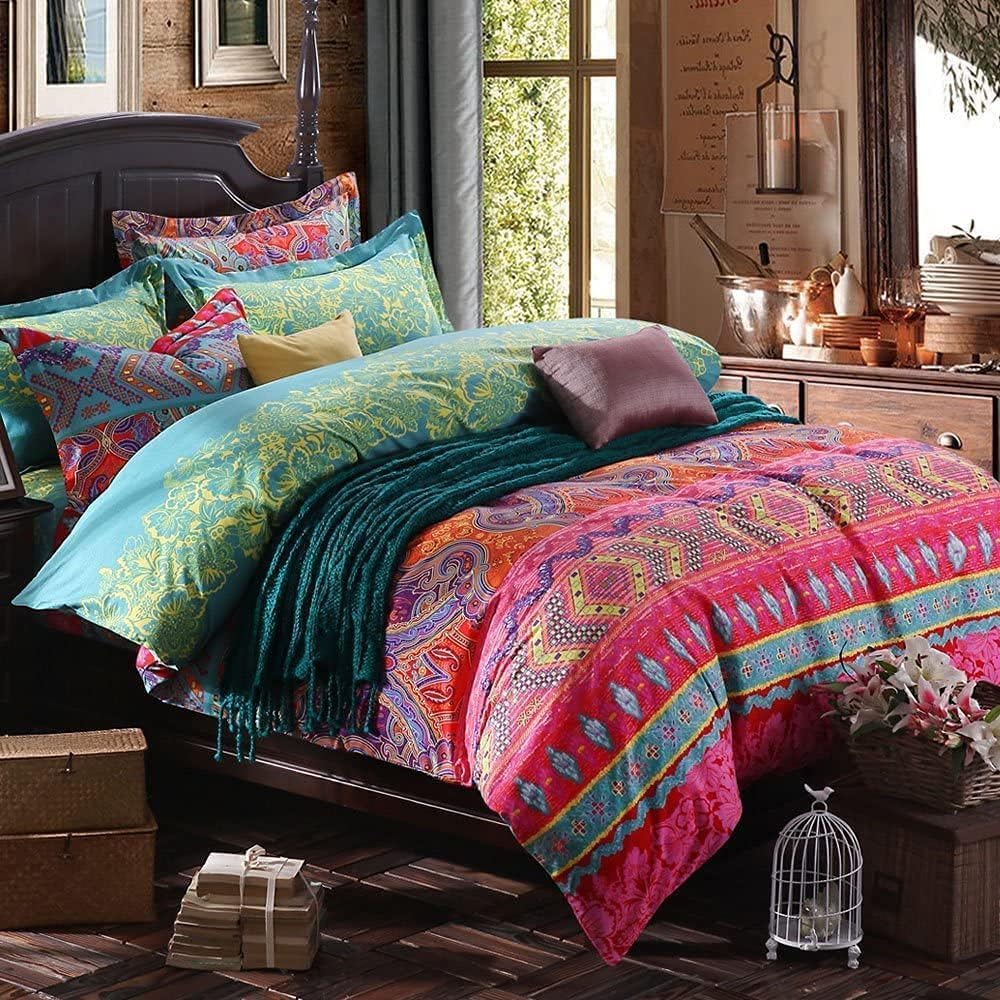 CottonLife Boho Queen Duvet Cover Soft Cotton 3 Pieces Boho Bedding Sets Queen Boho Exotic Colorful Chic Style Teal Orange Bohemian Retro Print Duvet Cover Queen, with Zipper Closure (NO Comforter)