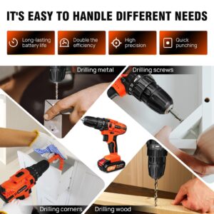 21V Cordless Drill, Electric Power Drill Set with Battery & Charger, 3/8” Keyless Chuck, 2 Variable Speeds, 398 In-lb Torque and 25+1 Position and 29pcs Drill/Driver Bits & LED Electric Drill Set