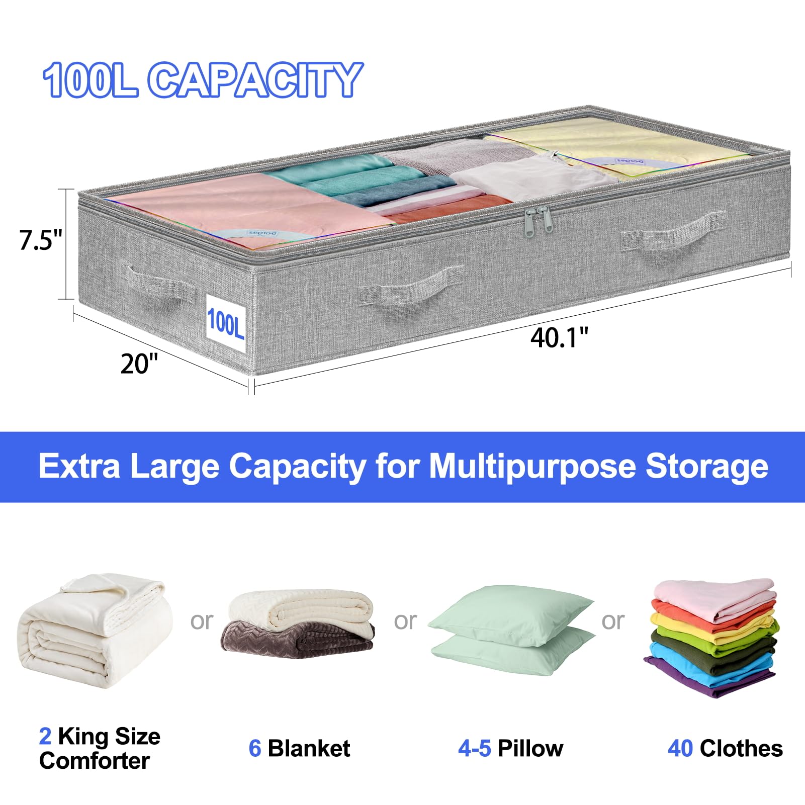 punemi 100L Under Bed Storage Containers, Extra Large Foldable Underbed Zipper Storage Bag For Blankets Clothes Comforters Organizer, Fabric Long Flat Storage Bins With Lids For College Dorm, 4 Pack