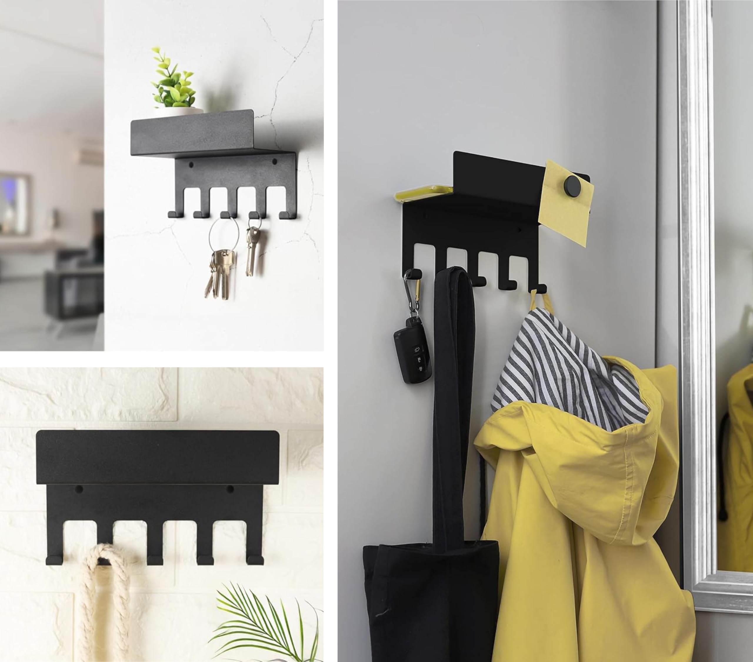 Black Metal Key Holder Wall Mount with Mail Holder - Key Holder for Wall, Key Rack, Mail Organizer Wall Mounted, Command Shelf, Key Organizer, Key Hanger, Key and Mail Holder for Wall