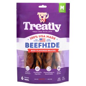 treatly usa beefhide braids 7-8" dog chew treats - beef flavor, 6 count/1 pack