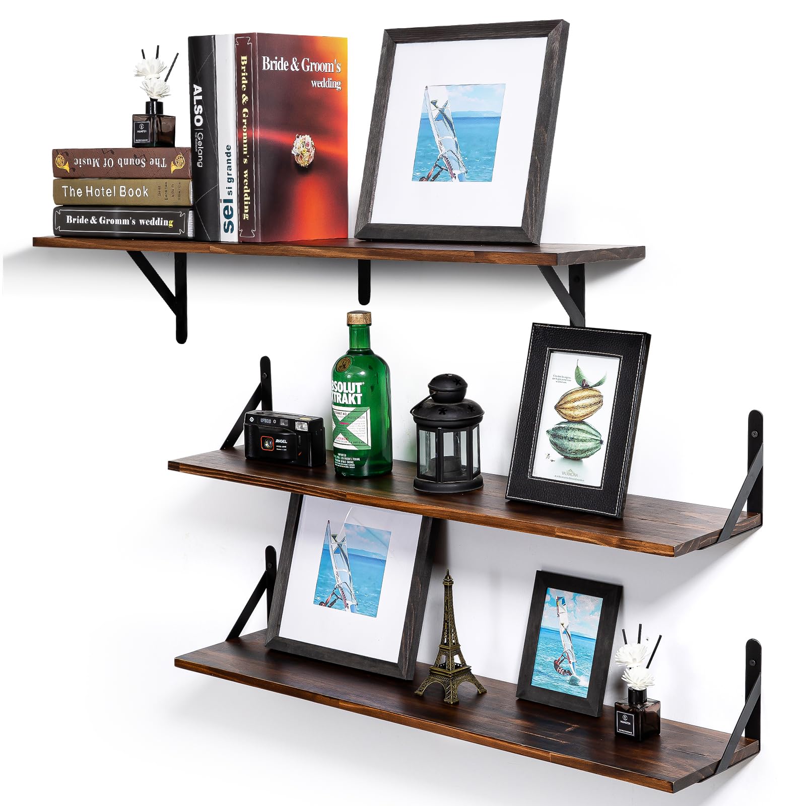 AZSKY Floating Shelves 48 Inch Set of 3 Solid Wood Book Shelves with Black Brackets, Photo & Picture Ledge Shelves for Bedroom, Living Room, Bathroom, Kitchen, Office (Deep Walnut)