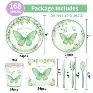 AWLZJZQA 168 Pcs Butterfly Plates and Napkins Party Supplies Serve 24 Guests Sage Green Birthday Plates Disposable Tea Party Decorations Happy Birthday Paper Plates Cups Flower Decor Spring for Women