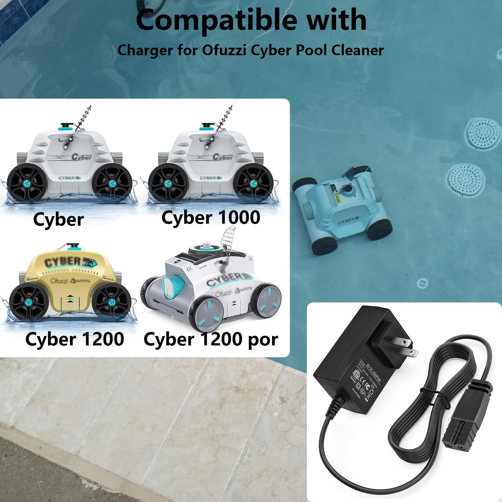 12.6V Charger for Ofuzzi Cyber Cordless Robotic Pool Cleaner Compatible with Ofuzzi Cyber/Cyber 1000/ Cyber 1200 / Cyber 1200 Por Automatic Robotic Pool Vacuum Cleaner Power Adapter