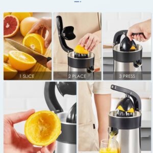 Electric Citrus Juicer Squeezer, Orange Juicer with Two Interchangeable Cones, Suitable for orange, lemon and Grapefruit, Brushed Stainless Steel, Easy to Clean and Use (Black+Silver)