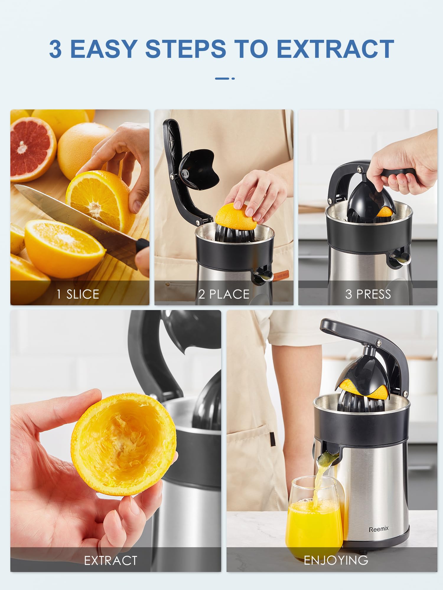 Electric Citrus Juicer Squeezer, Orange Juicer with Two Interchangeable Cones, Suitable for orange, lemon and Grapefruit, Brushed Stainless Steel, Easy to Clean and Use (Black+Silver)