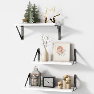 fun memories floating shelves wall mounted set of 3, 16.5 inch natural wood wall shelves, decor storage shelf for bedroom bathroom living room office pictures plants books cats tv (white and black)