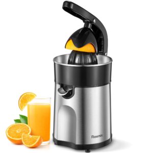 electric citrus juicer squeezer, orange juicer with two interchangeable cones, suitable for orange, lemon and grapefruit, brushed stainless steel, easy to clean and use (black+silver)