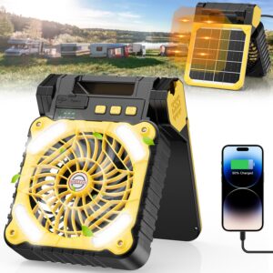 dowilldo solar powered fan for camping, 10400mah rechargeable battery operated portable fan with led lantern, 4 speeds powerful wind and 3 timer table fan, for picnic, hurricane, fishing (yellow)