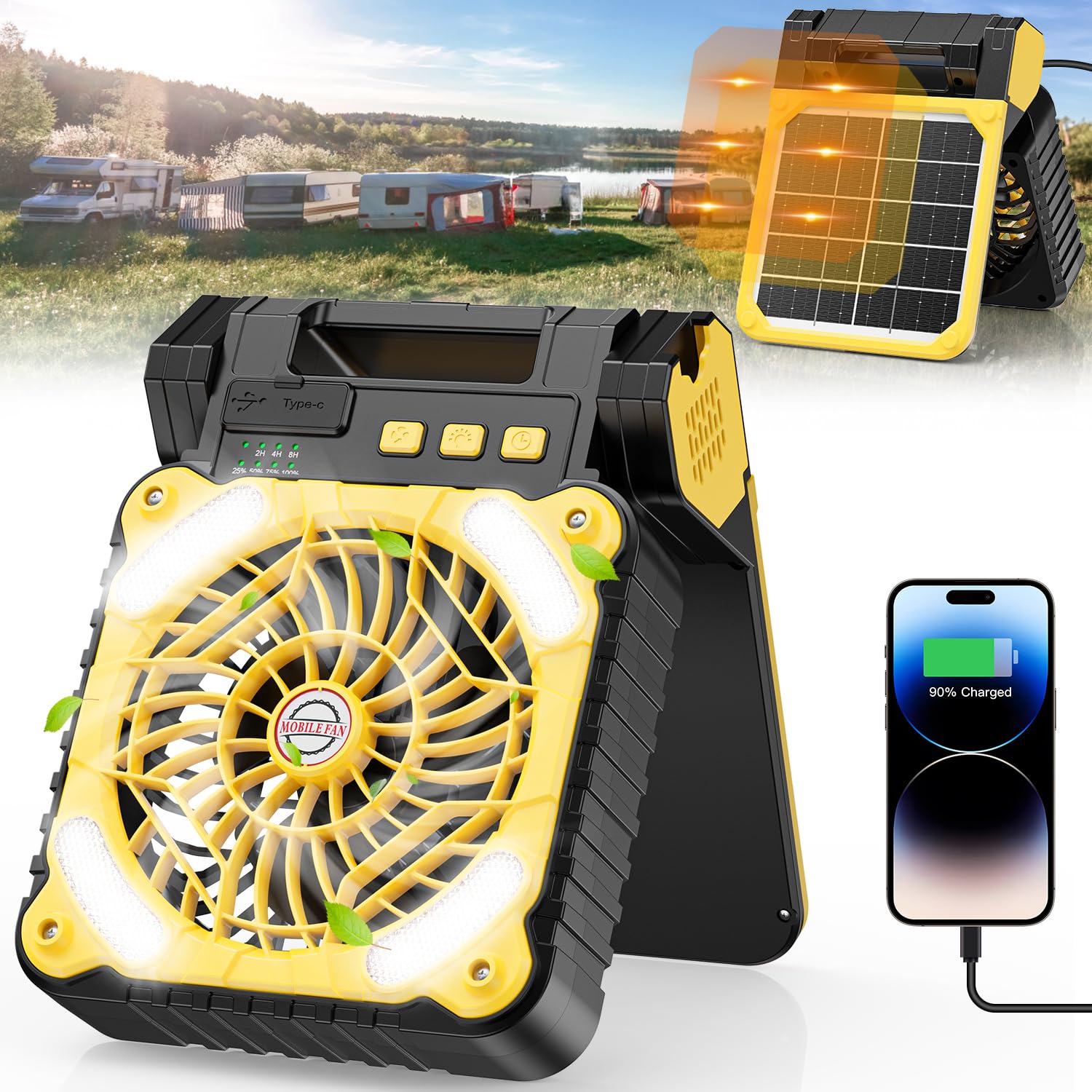 DOWILLDO Solar Powered Fan for Camping, 10400mAh Rechargeable Battery Operated Portable Fan with LED Lantern, 4 Speeds Powerful Wind and 3 Timer Table Fan, for Picnic, Hurricane, Fishing (Yellow)