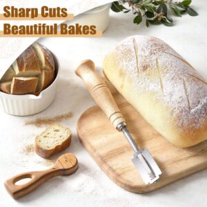 Rongyman Bread Lame with 10 Pieces Replaceable Blades, Stainless Steel Bread Lame Knife with Wooden Handle, Sourdough Scoring Tool with Leather Protective Cover for Bread Baking