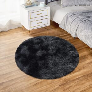 ATRUG Tie-Dyed Black Round Rug for Bedroom Soft Circle Rug Modern Small Round Rug for Kids Girls Boys Teen Room Fluffy Plush Shaggy Circle Carpet for Baby Nursery Living Room Playroom Home Decor 2X2ft