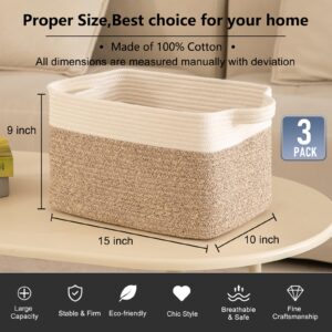 OIAHOMY 3 Pack Storage Basket for Organizing, 15''X10''X9'' Storage Bins,Woven Basket Basket with Handles, Toy Storage Basket Bin,Stylish Room Decor Basket, white & Brown variegated