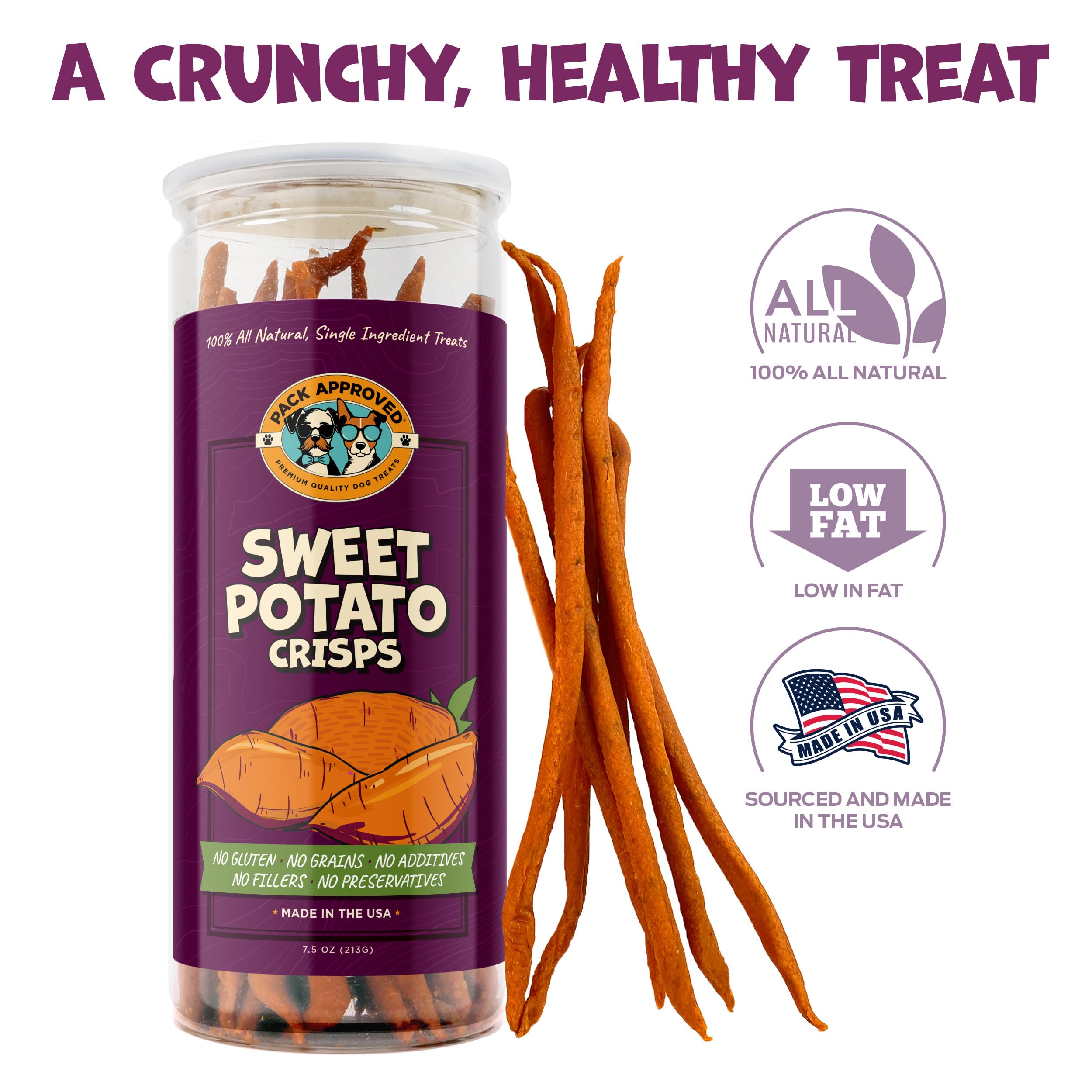 Pack Approved Sweet Potato Dog Treats Made in USA - Single Ingredient Dog Treat - Dehydrated Sweet Potato Fries, Perfect for Dogs of All Breeds and Sizes - 7.5 oz