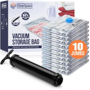 clearspace vacuum storage bags, space saver bags – 10 jumbo vacuum seal bags for clothing, blanket storage, clothes storage – vacuum sealer bags, storage bags or travel bags, hand pump included