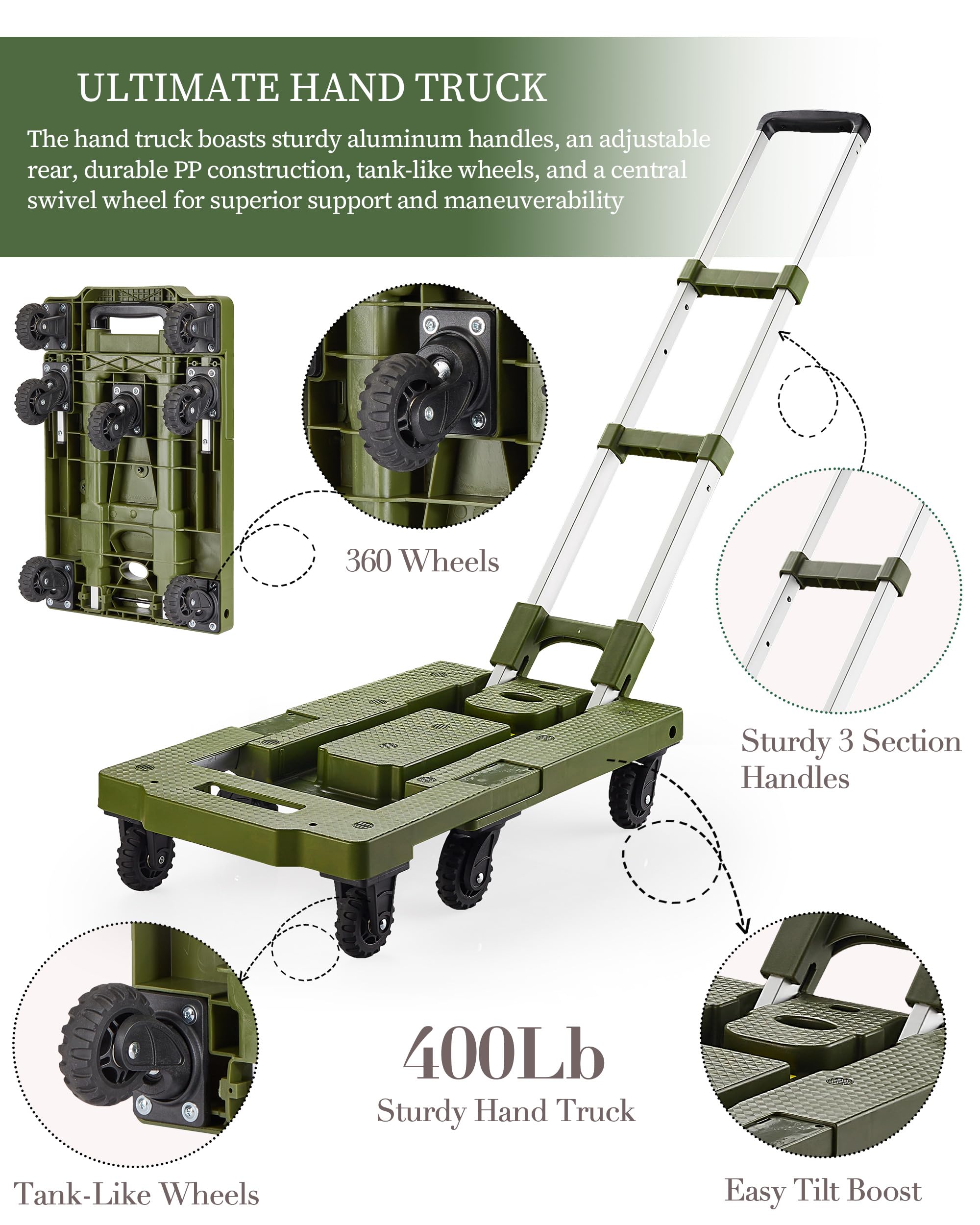 UPWOIGH Folding Hand Truck,400 lb Heavy Duty Cart,Multifunctional Hand Cart,Green Portable Folding Luggage Cart with 7 Tank Wheels and 2 Bungee Cords,Ideal for Moving, Traveling,Shopping and Camping