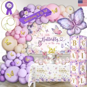 195 pc butterfly baby shower decorations for girl with pink and purple butterfly balloon arch kit, baby girl boxes, backdrop, tablecloth, sash, cake and cupcake toppers, crown and more