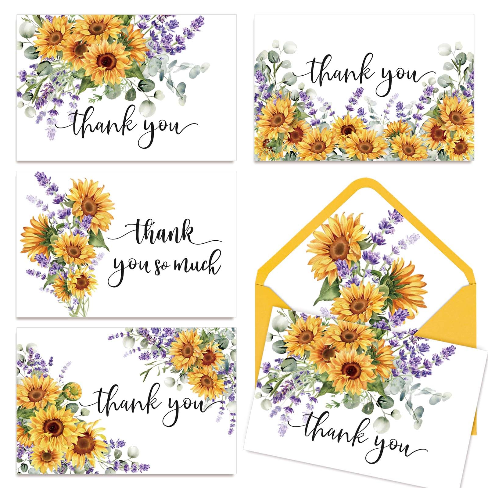 Whaline 36 Packs Sunflower Thank You Cards Spring Summer Flower Greeting Cards Floral Blank Note Cards with Envelopes and Stickers for Wedding Birthday Baby Shower Party, 4 x 6 Inch