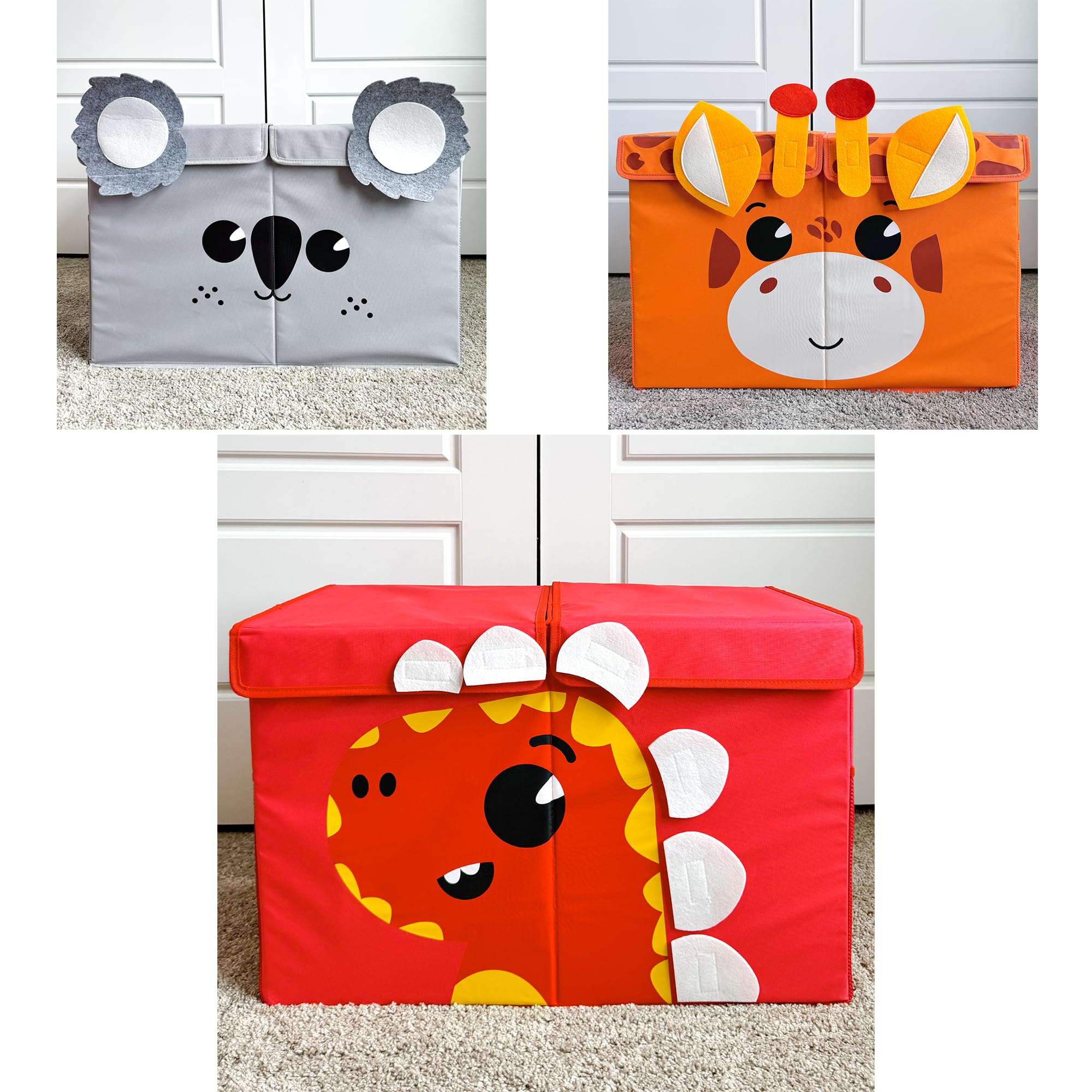 QUOKKA Toy Chest Storage Boxes for Boys and Girls Large Dino, Large Giraffe & Large Koala - Fabric Foldable Bin for Playroom