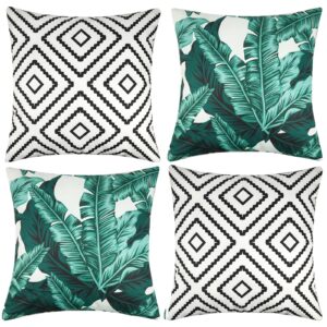 Merrycolor Outdoor Throw Pillow Covers 18x18 Waterproof Pillow Cover Green Leaves Geometric Pattern Square Cushion Covers Patio Pillow Cases Outdoor Pillows for Patio Furniture, Pack of 4