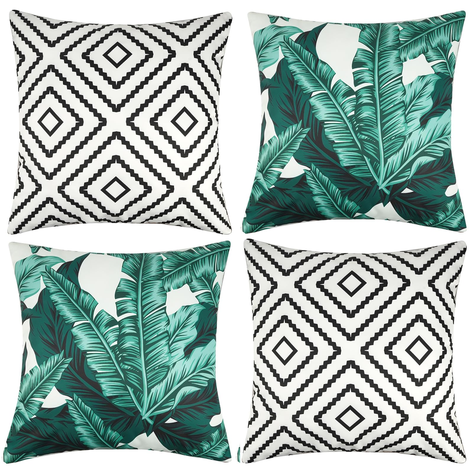 Merrycolor Outdoor Throw Pillow Covers 18x18 Waterproof Pillow Cover Green Leaves Geometric Pattern Square Cushion Covers Patio Pillow Cases Outdoor Pillows for Patio Furniture, Pack of 4