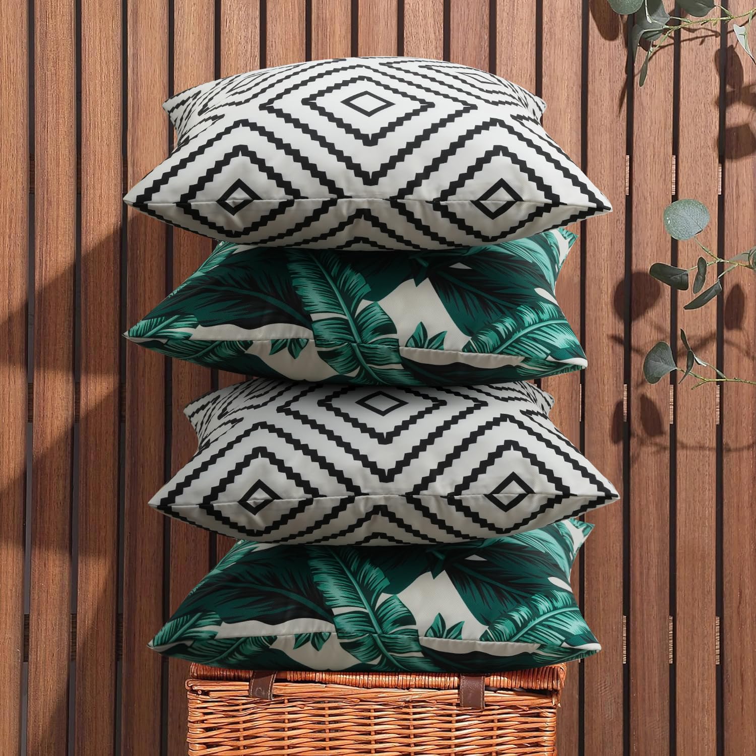 Merrycolor Outdoor Throw Pillow Covers 18x18 Waterproof Pillow Cover Green Leaves Geometric Pattern Square Cushion Covers Patio Pillow Cases Outdoor Pillows for Patio Furniture, Pack of 4