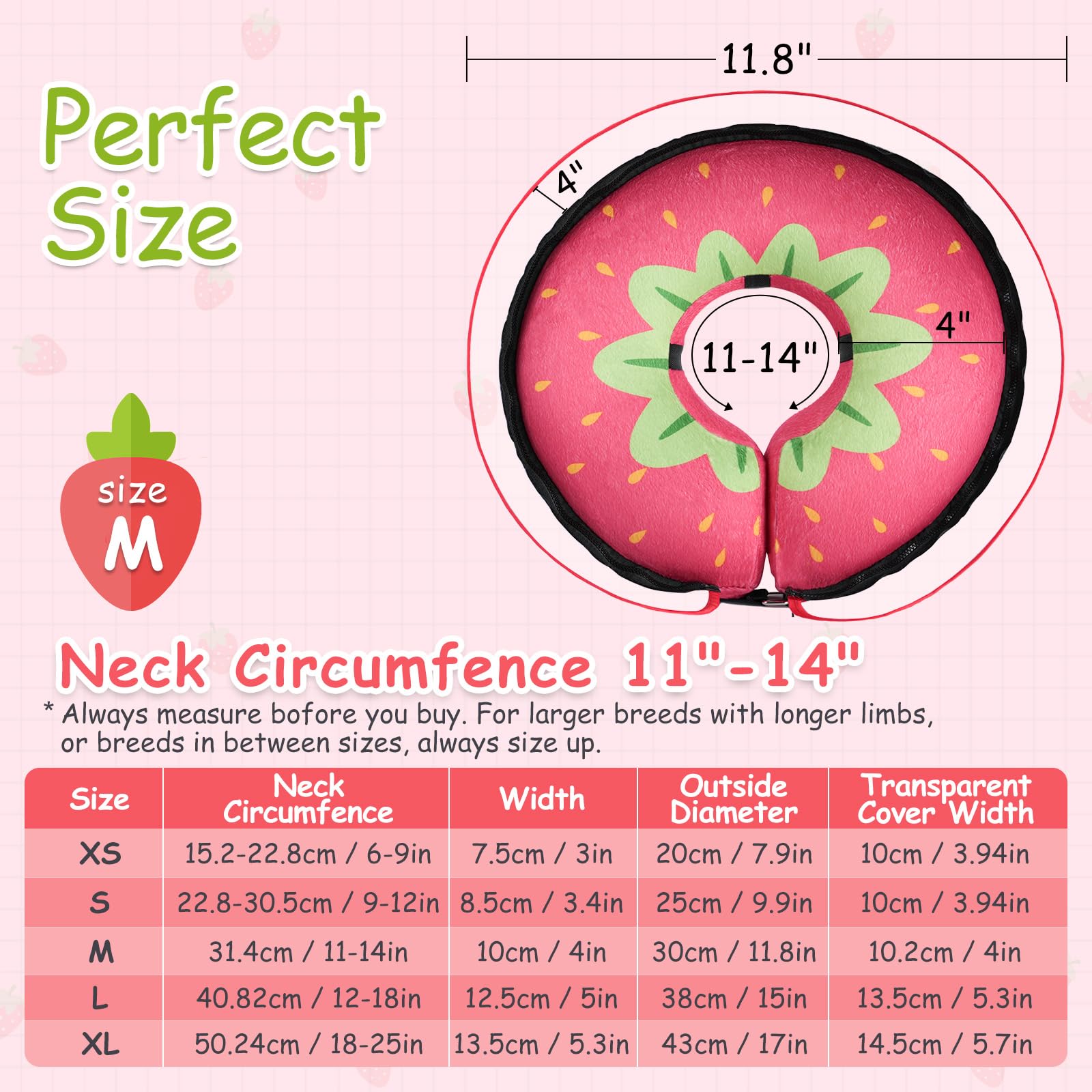 ipetstation Dog Cone Collar for Small Medium Large Dogs Cats for After Surgery, Pet Inflatable Neck Donut Strawberry Collar Soft Protective Recovery Cone (Red, M)