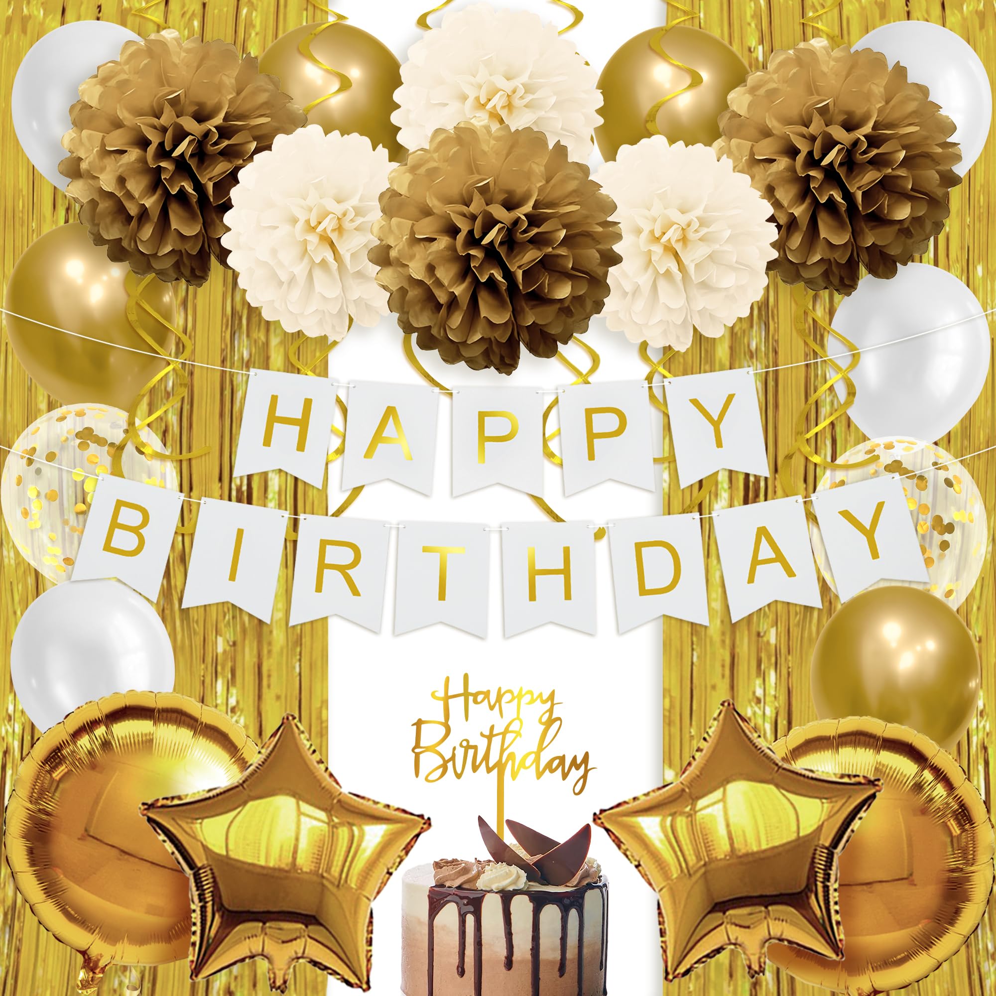 KatchOn, Gold Birthday Decorations Set - Pack of 45 | Gold Fringe Backdrop, Gold Happy Birthday Banner for Golden Birthday Party Decorations | Gold Happy Birthday Decorations | Gold Party Decorations