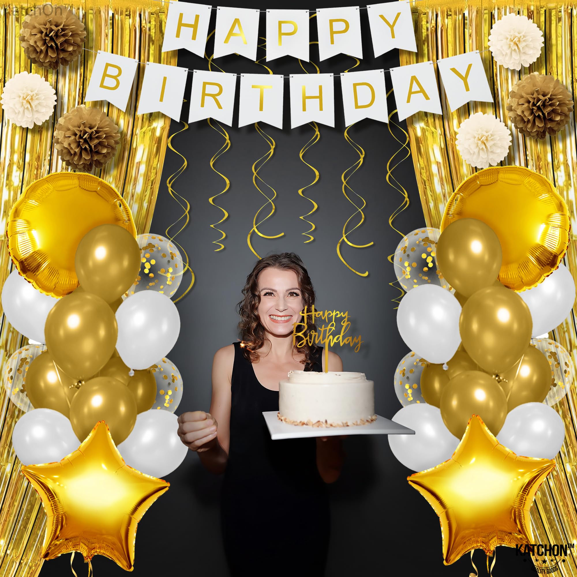 KatchOn, Gold Birthday Decorations Set - Pack of 45 | Gold Fringe Backdrop, Gold Happy Birthday Banner for Golden Birthday Party Decorations | Gold Happy Birthday Decorations | Gold Party Decorations