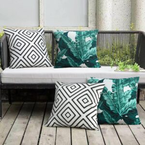 merrycolor outdoor throw pillow covers 18x18 waterproof pillow cover green leaves geometric pattern square cushion covers patio pillow cases outdoor pillows for patio furniture, pack of 4