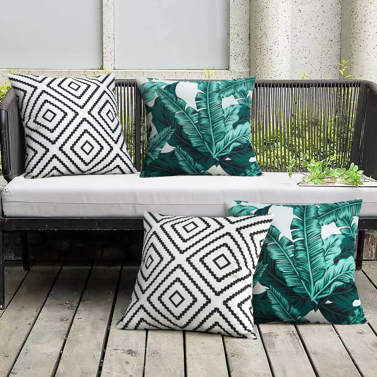 Merrycolor Outdoor Throw Pillow Covers 18x18 Waterproof Pillow Cover Green Leaves Geometric Pattern Square Cushion Covers Patio Pillow Cases Outdoor Pillows for Patio Furniture, Pack of 4