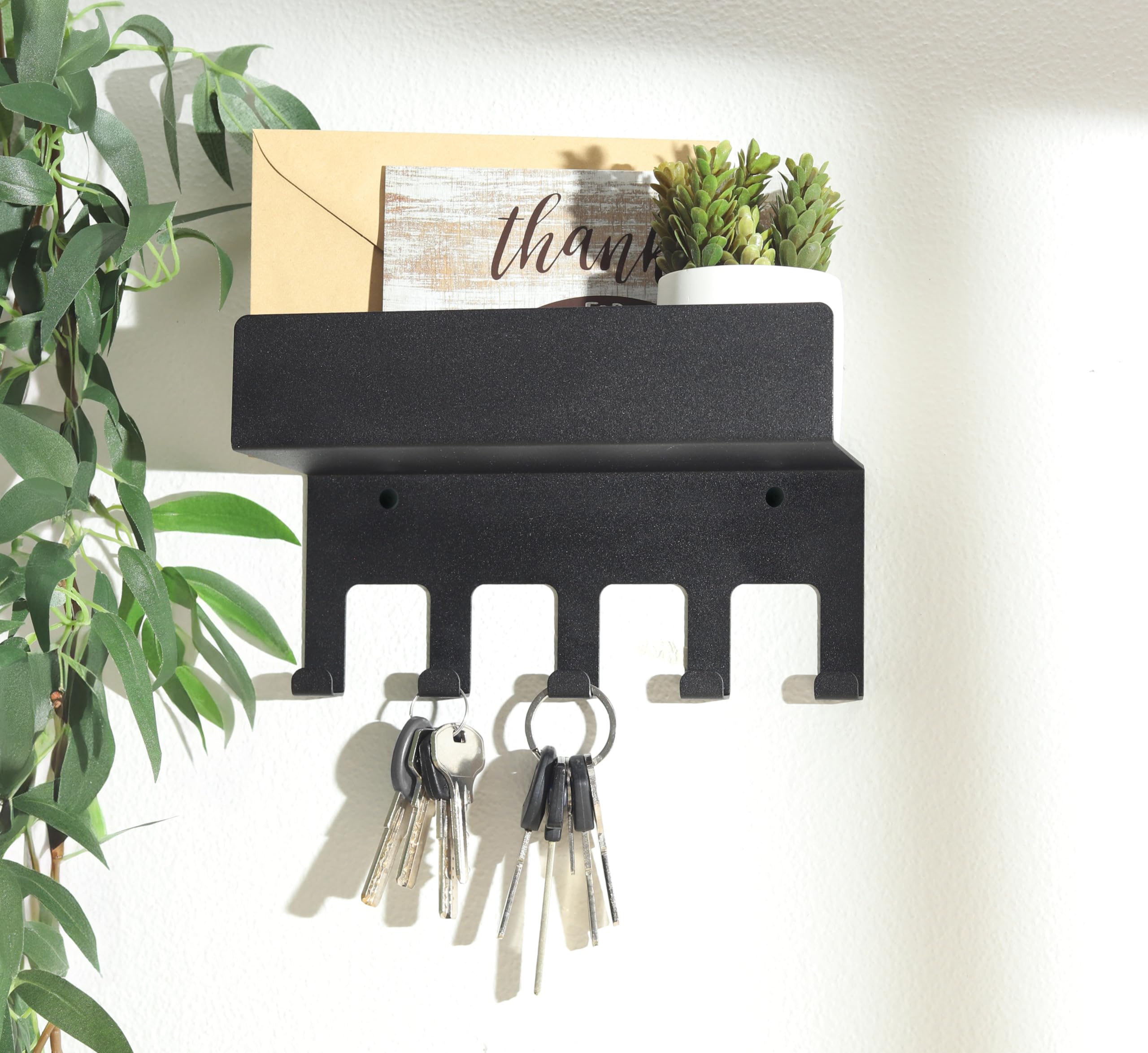 Black Metal Key Holder Wall Mount with Mail Holder - Key Holder for Wall, Key Rack, Mail Organizer Wall Mounted, Command Shelf, Key Organizer, Key Hanger, Key and Mail Holder for Wall