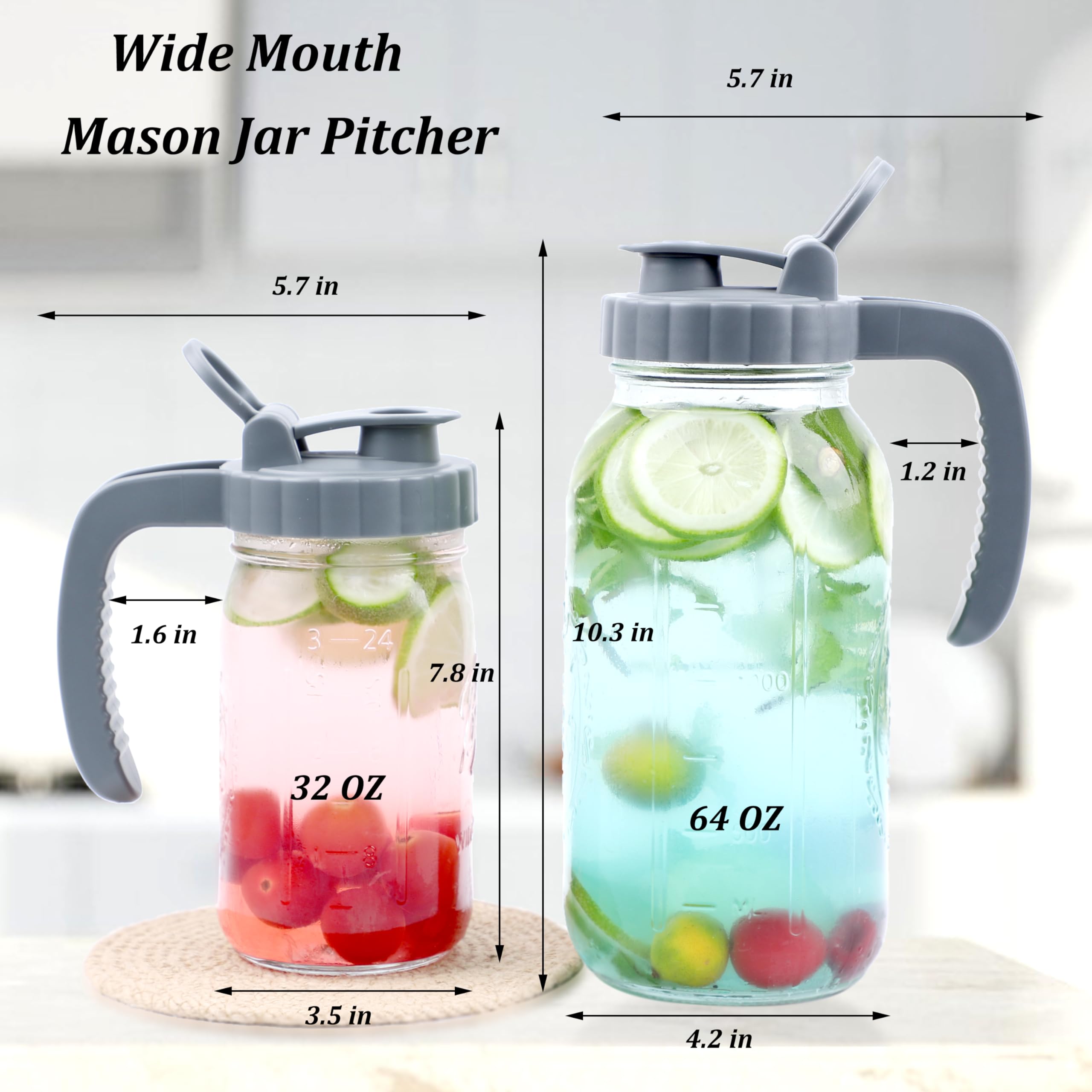 Mason Jar Pitcher 64 OZ Glass Pitcher With Pour Spout Lids Airtight Leak Proof 2 Quart Wide Mouth Water Pitcher With Handle And Flip Cap For Iced Tea, Milk, Sun Tea, Lemonade,Juice, Iced Coffee