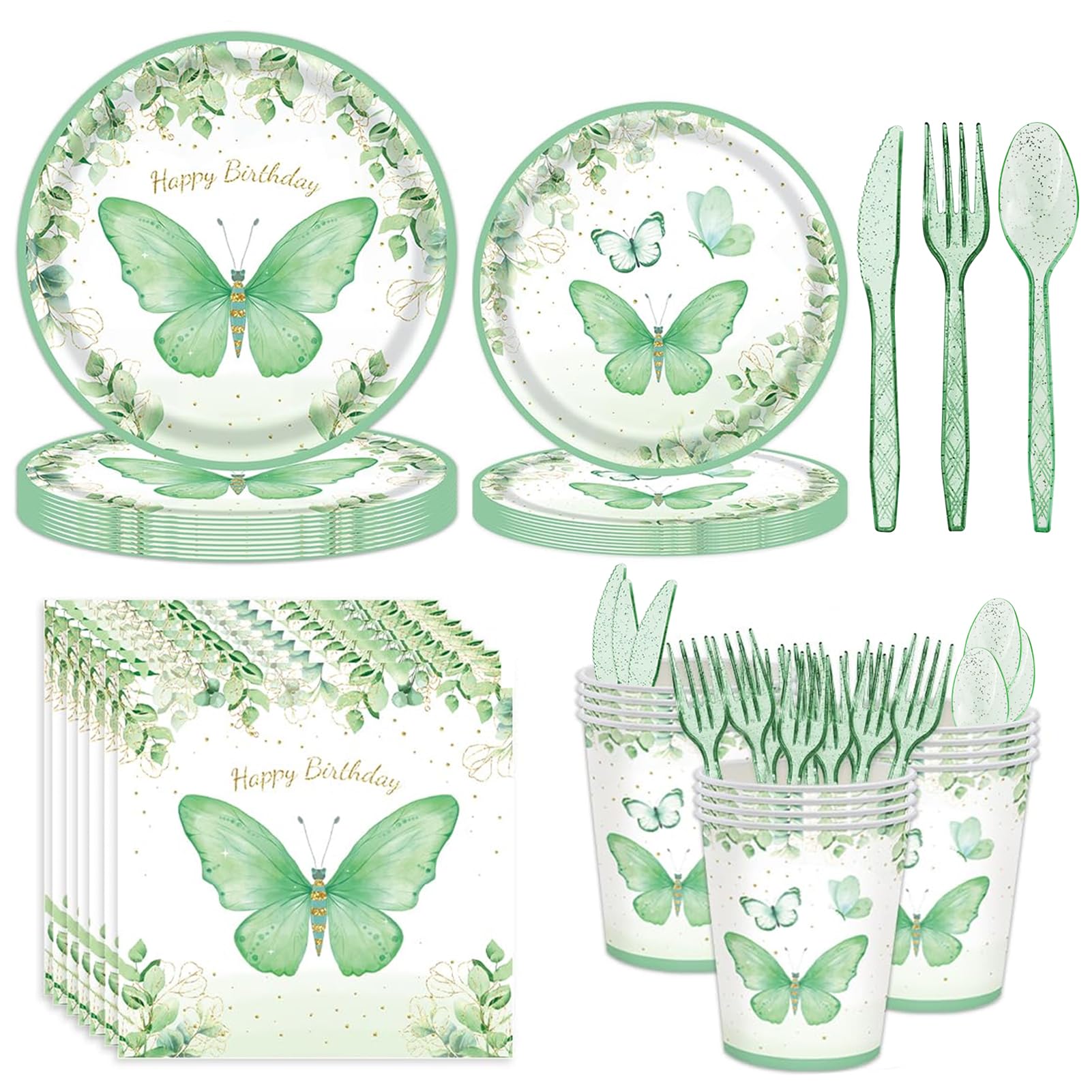 AWLZJZQA 168 Pcs Butterfly Plates and Napkins Party Supplies Serve 24 Guests Sage Green Birthday Plates Disposable Tea Party Decorations Happy Birthday Paper Plates Cups Flower Decor Spring for Women