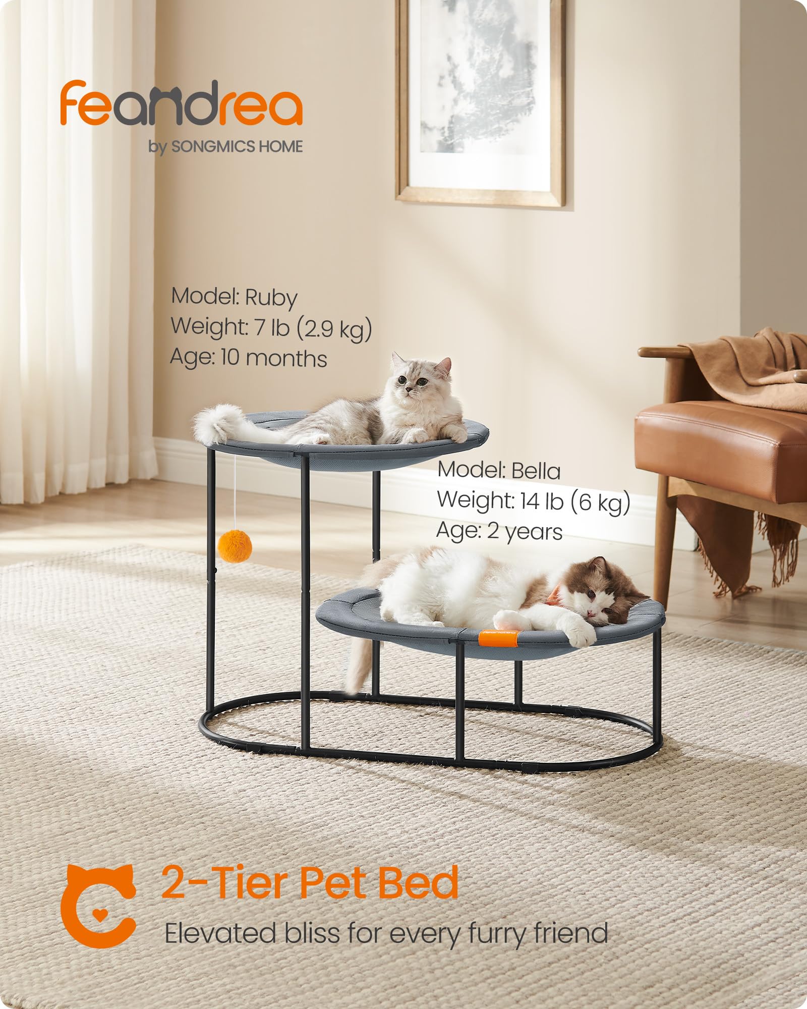 Feandrea Cat Bed, 2-Tier Elevated Cat Bed, Breathable Cat Hammock for Multi-Cat Households, Indoor Cats, with Removable Washable Mesh, Steel Frame, for Summer, Dove Gray UPCB012G01