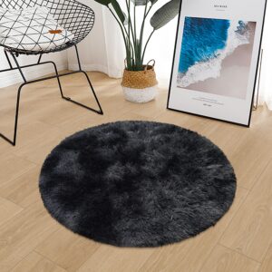 atrug tie-dyed black round rug for bedroom soft circle rug modern small round rug for kids girls boys teen room fluffy plush shaggy circle carpet for baby nursery living room playroom home decor 2x2ft