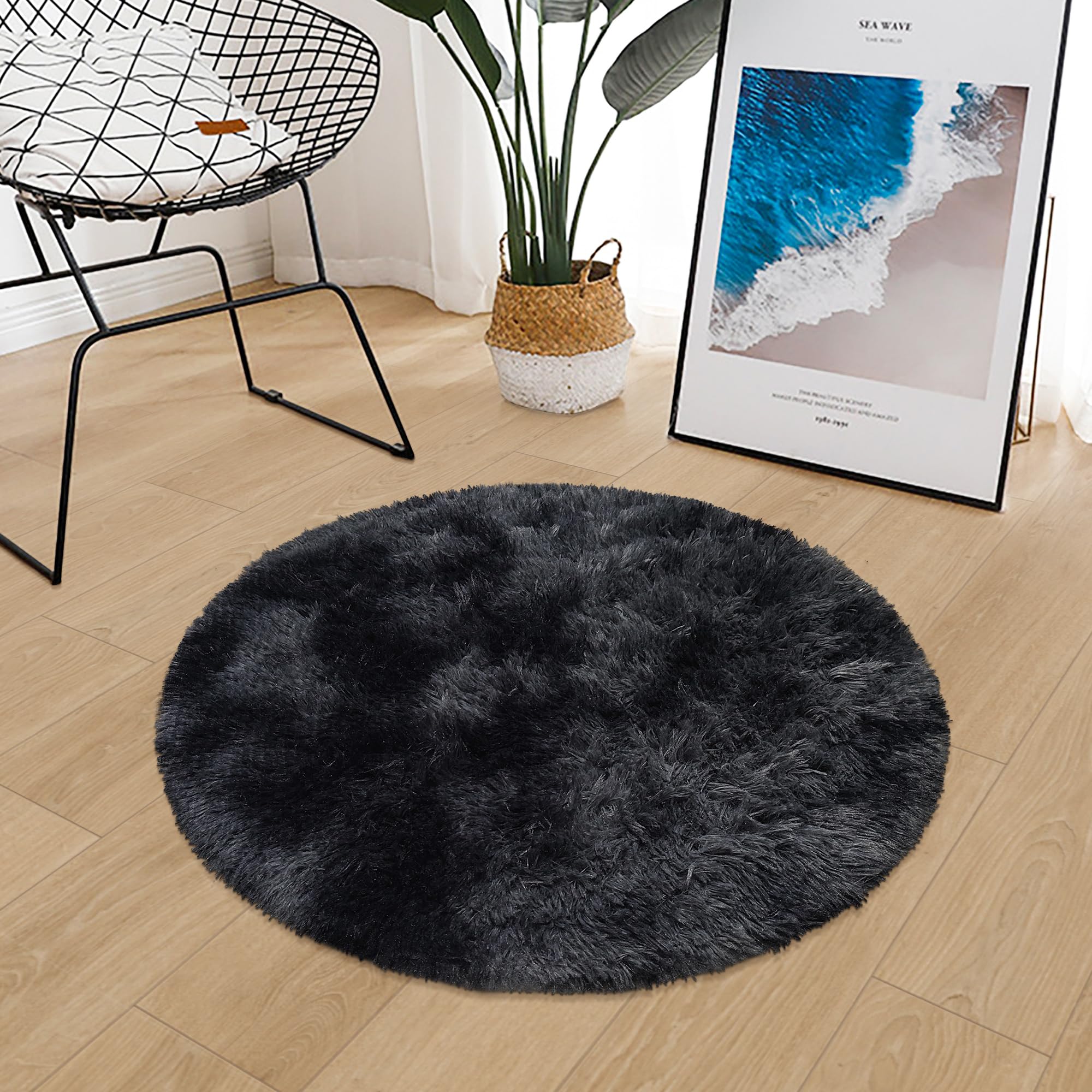 ATRUG Tie-Dyed Black Round Rug for Bedroom Soft Circle Rug Modern Small Round Rug for Kids Girls Boys Teen Room Fluffy Plush Shaggy Circle Carpet for Baby Nursery Living Room Playroom Home Decor 2X2ft